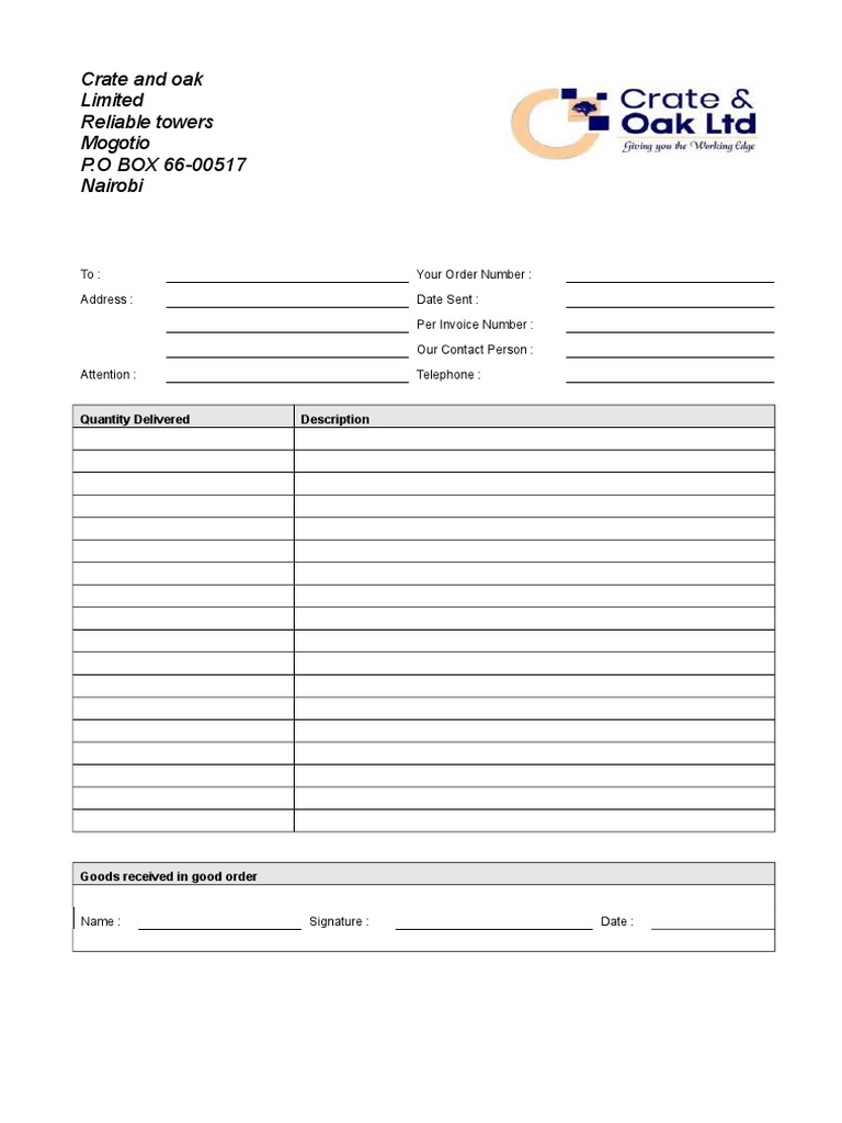 Delivery Note for Crate and Oak Limited Detailing Shipment of Goods to ...