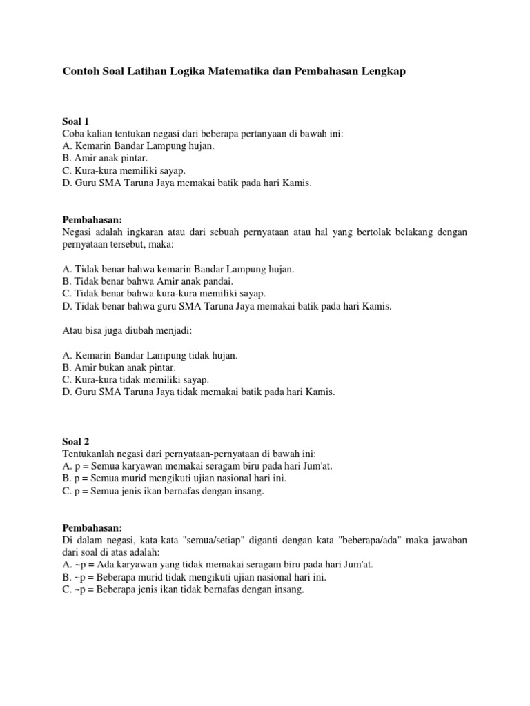 Contoh Soal Latihan Logika Matematika Dan Pembahasan Lengkap | PDF