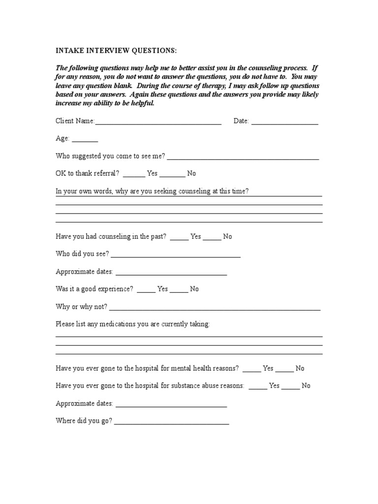 intake-interview-questions.doc | Psychotherapy | Mental Health | Free ...