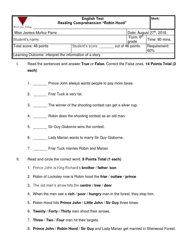 English Test Reading Comprehension "Robin Hood": Mark | PDF | Robin ...