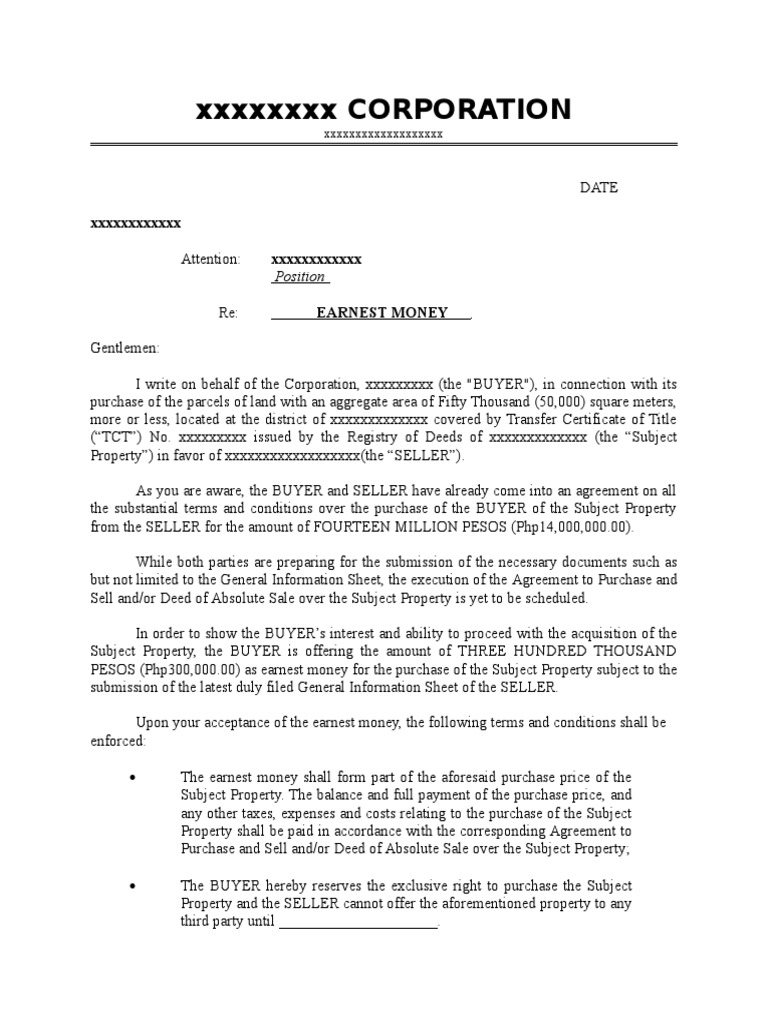 Earnest Money Agreement for Property Purchase | PDF | Deed | Sales