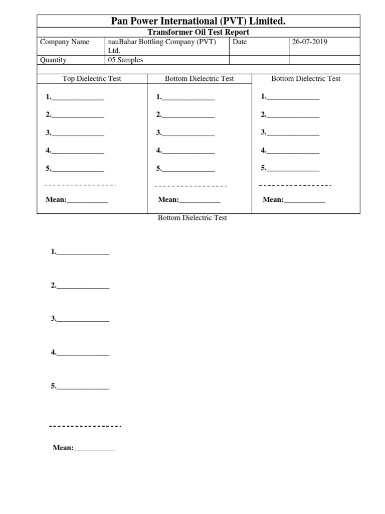 Pan Power International (PVT) Limited.: Transformer Oil Test Report | PDF