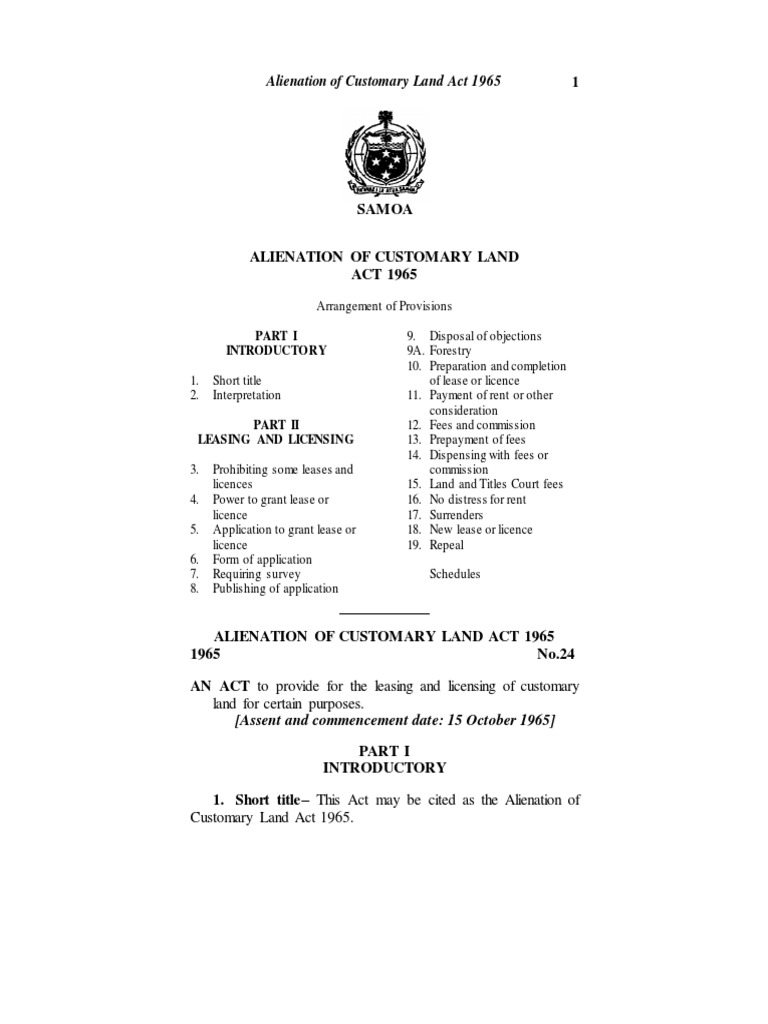 Alienation of Customary Land Act 1965 | PDF | Lease | License