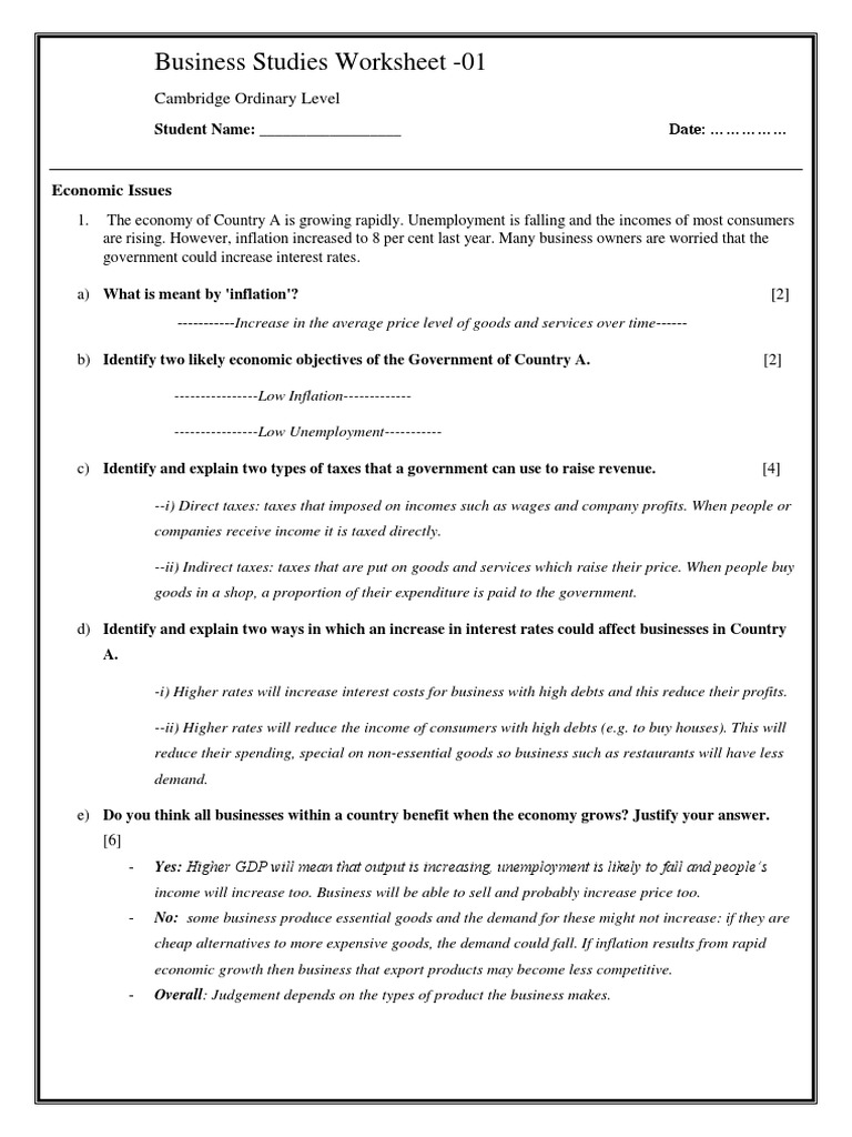 Business Studies WorkSheet | PDF | Taxes | Inflation