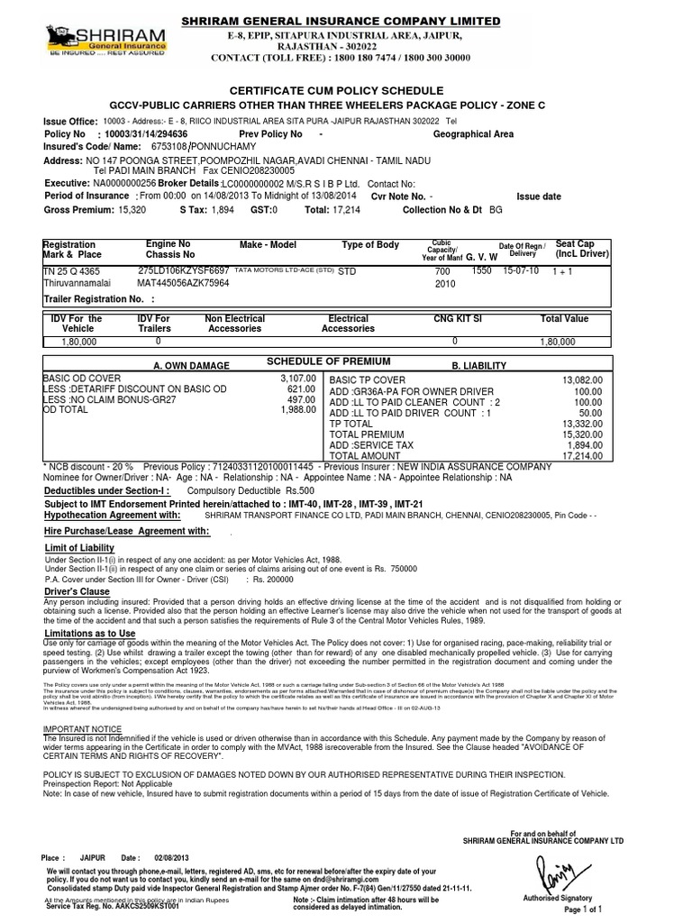 Certificate Cum Policy Schedule: Gccv-Public Carriers Other Than Three ...