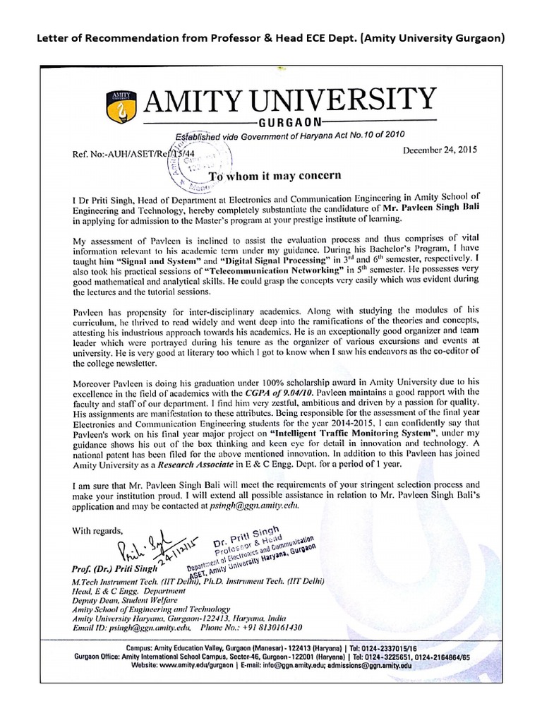 Letter of Recommendation From Professor & Head ECE Dept. (Amity University Gurgaon) | PDF