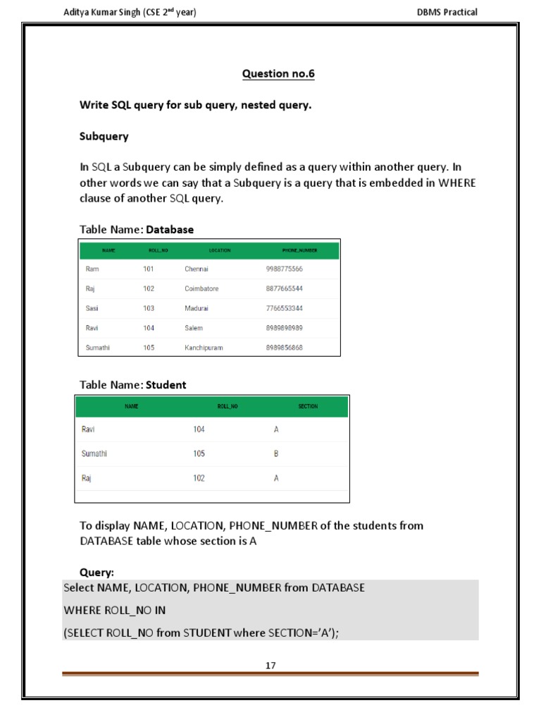Question No.6 Write SQL Query For Sub Query, Nested Query. Subquery | PDF | Pl/Sql | Databases
