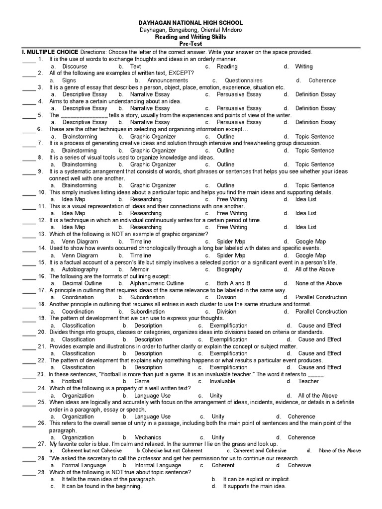 Pre Test Reading and Writing | PDF | Essays | Narrative