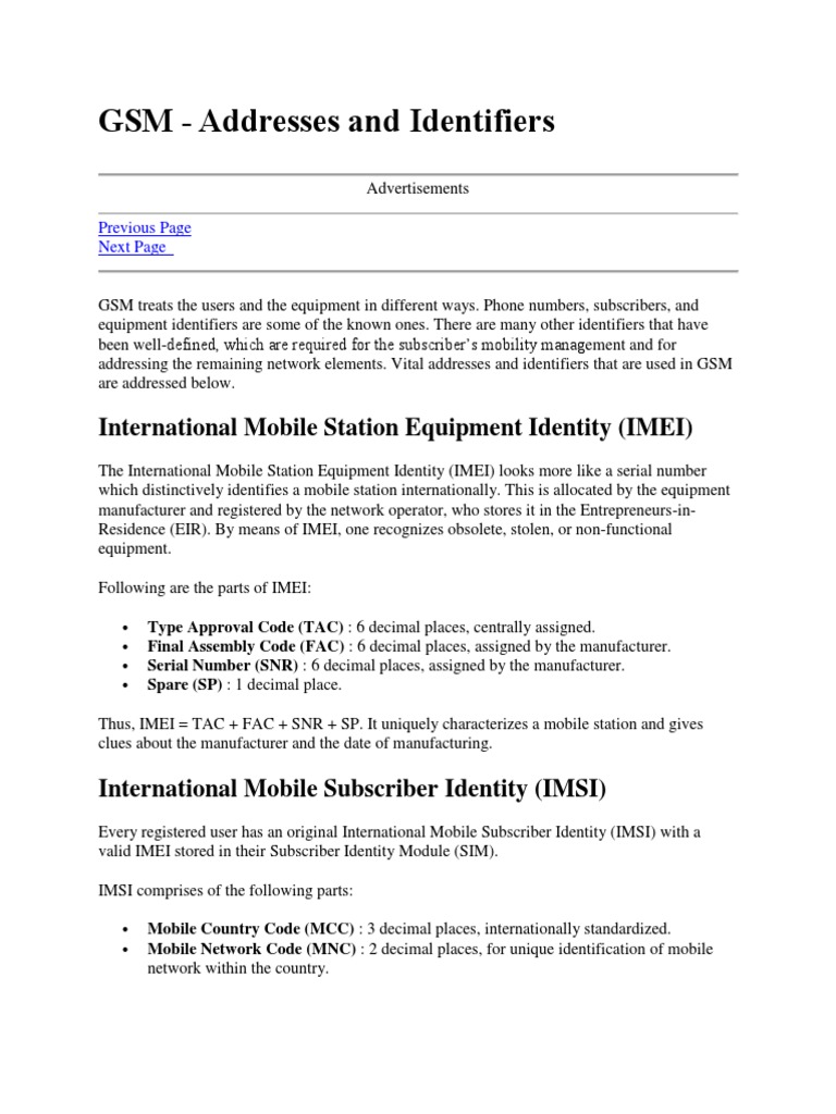GSM - Addresses and Identifiers | PDF | Mobile Telecommunications ...
