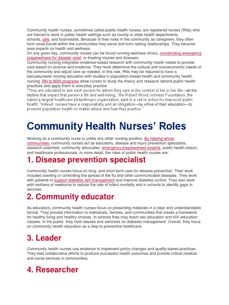 Community Health Nurses’ Roles: 1. Disease prevention specialist ...