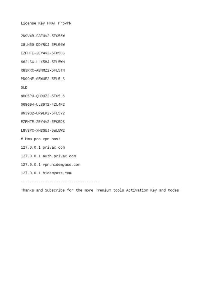 HMA! ProVPN License Keys List | PDF | Business | Computers