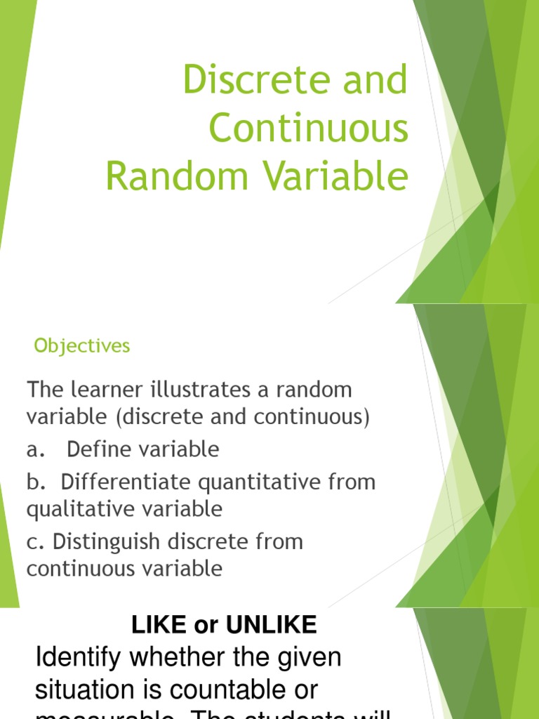 Discrete and Continuous Random Variable | PDF | Random Variable ...
