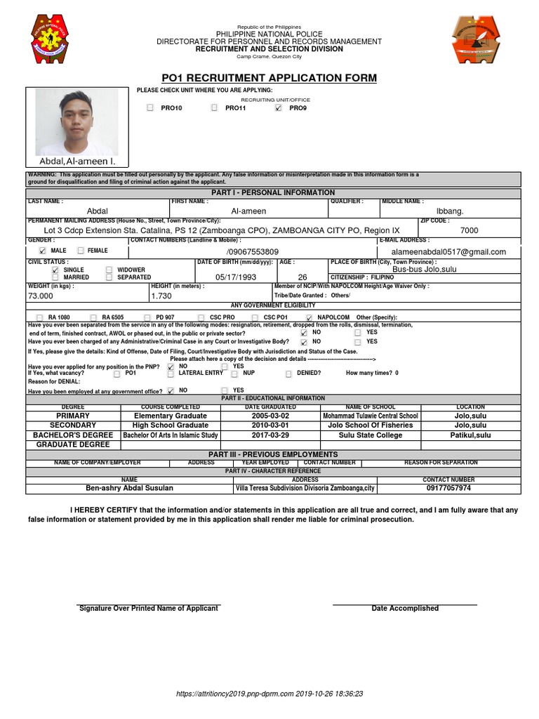PNP Recruitment Application Form | PDF | Common Law | Public Law