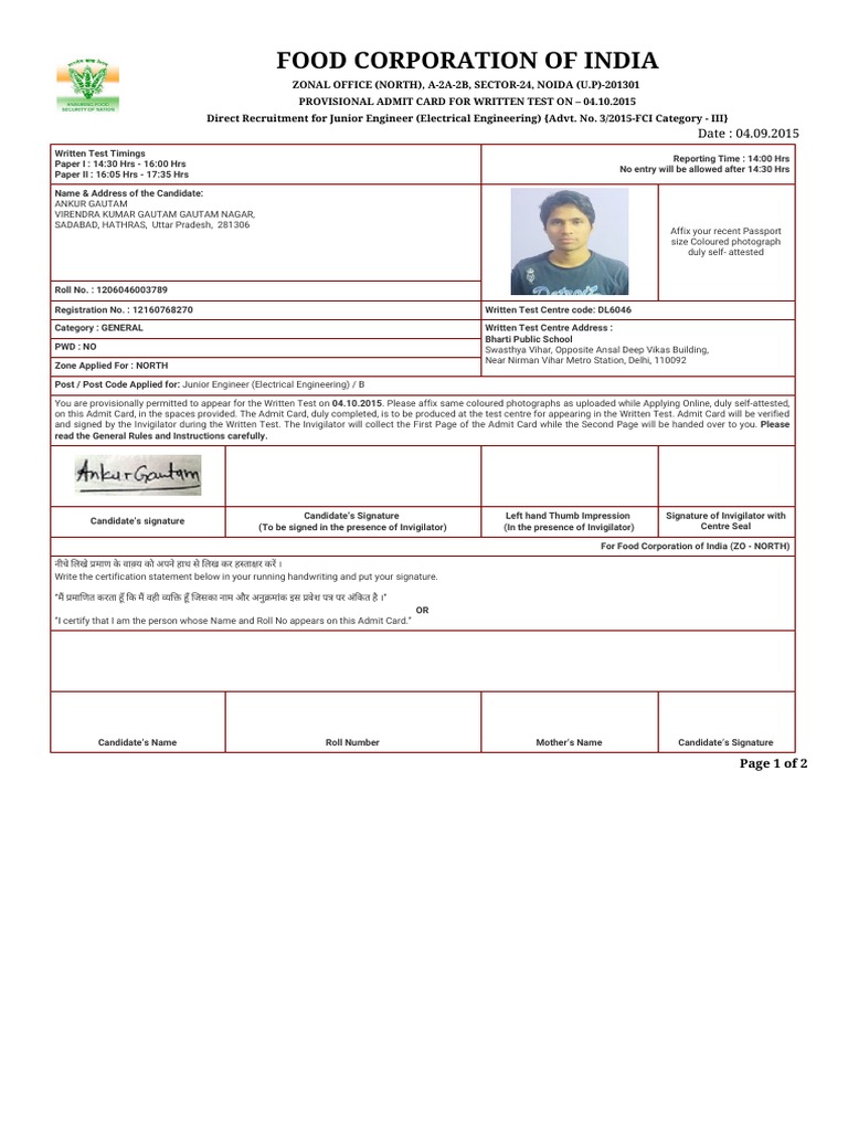 FCI Admit Card | PDF | Identity Document | Test (Assessment)