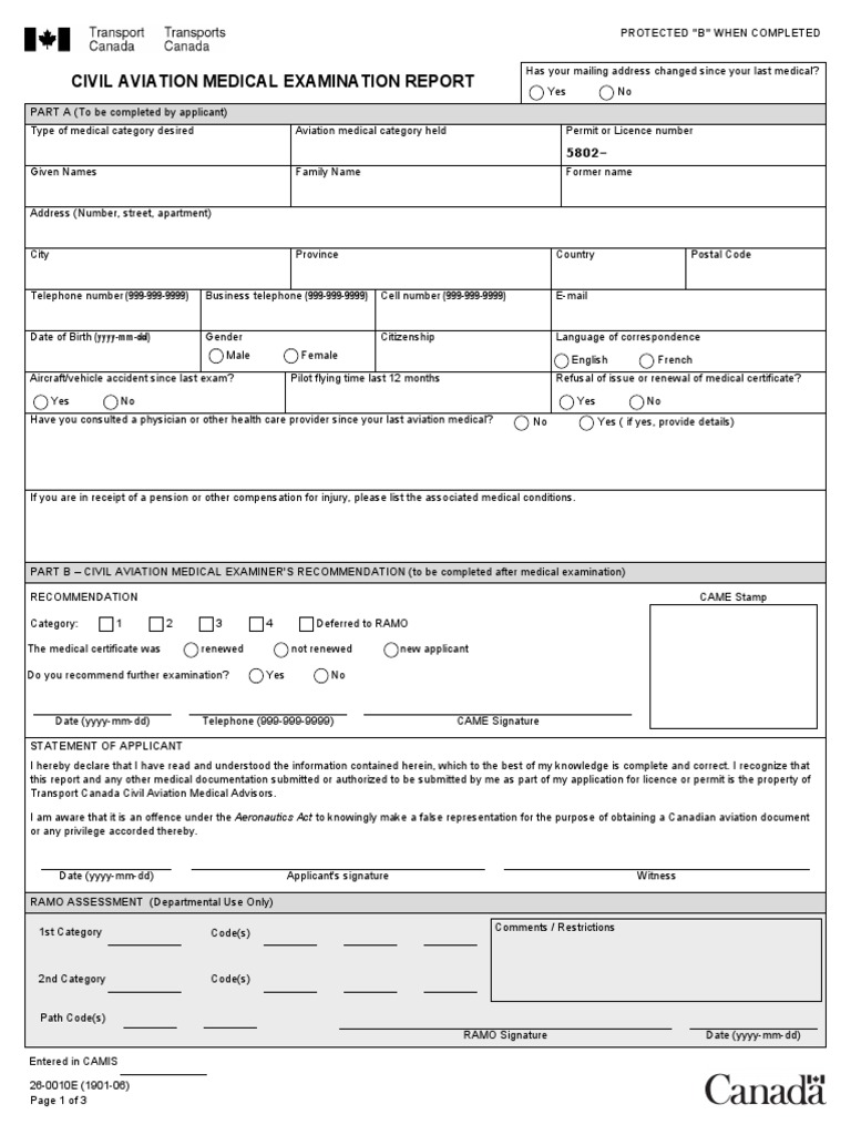 Civil Aviation Medical Examination Report: Protected "B" When Completed ...