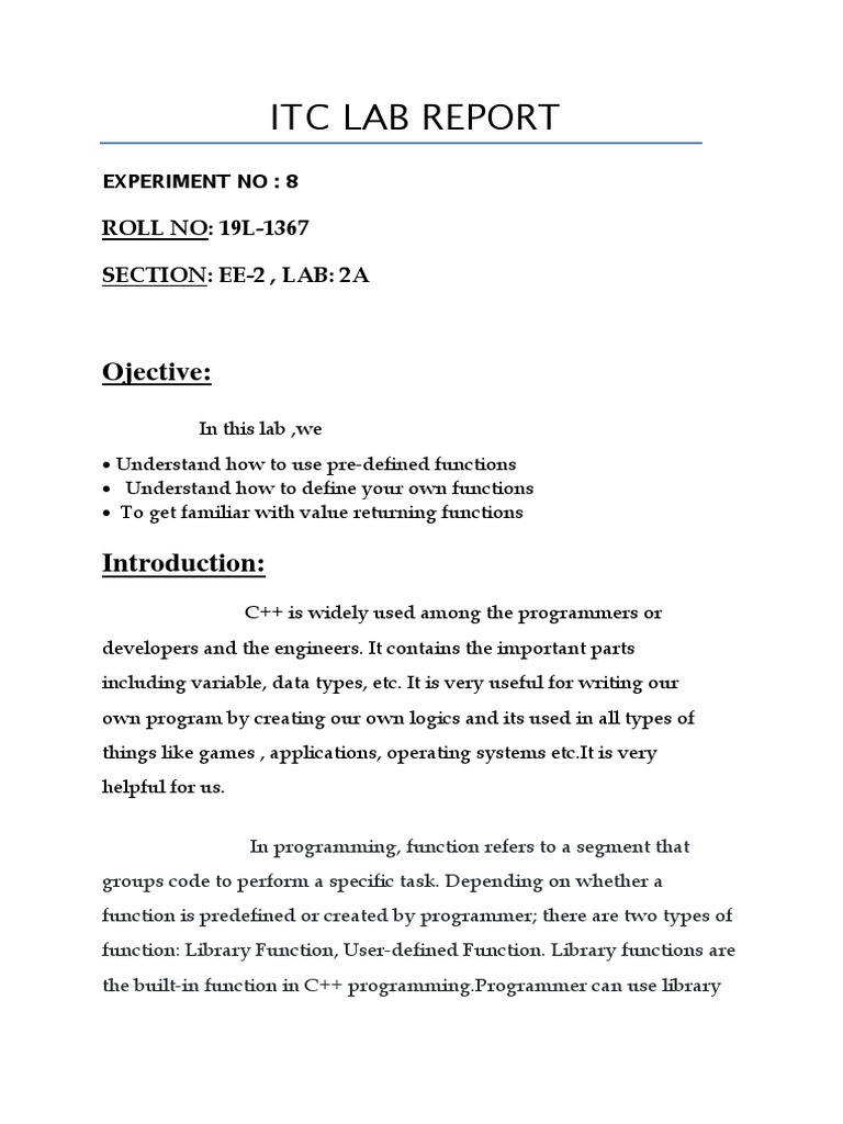 Itc Lab Report: Ojective | PDF | Subroutine | Parameter (Computer Programming)