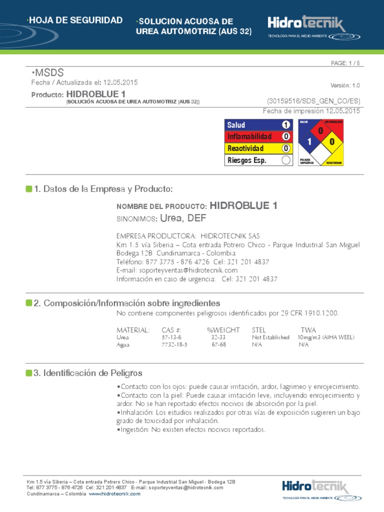 Hoja Seguridad Urea | PDF | Agua | Química