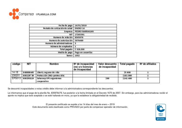 Planilla Compensar n0 2 | PDF