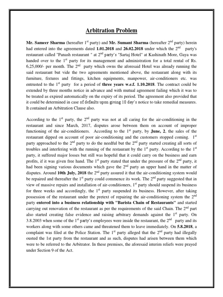 Arbitration Problem: Mr. Sameer Sharma (Hereafter 1 | PDF | Business Law | Government