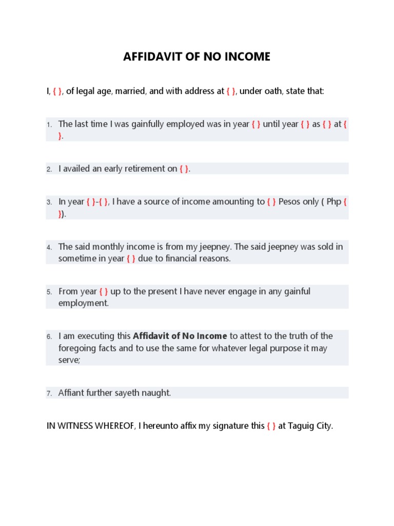 Affidavit of No Income: I,, of Legal Age, Married, and With Address At ...