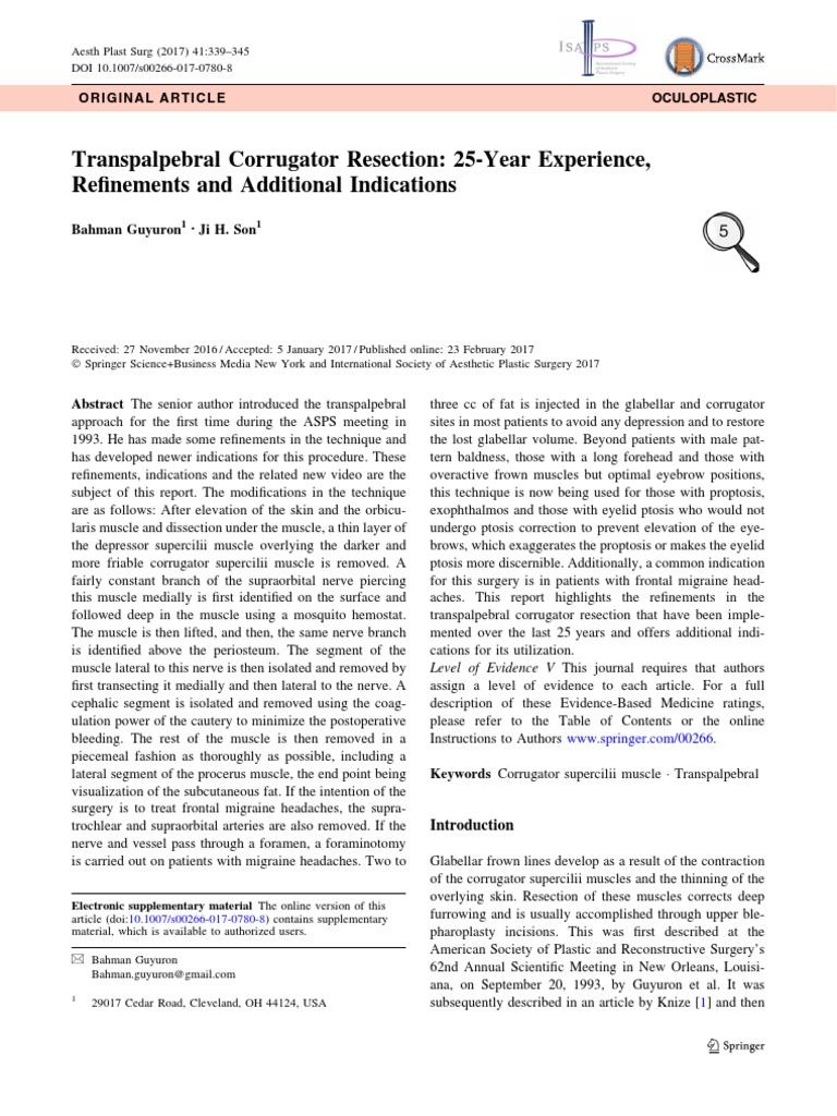 Transpalpebral Corrugator Resection: 25-Year Experience, Refinements ...