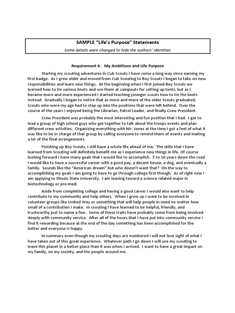 SAMPLE "Life's Purpose" Statements: Some Details Were Changed To Hide ...