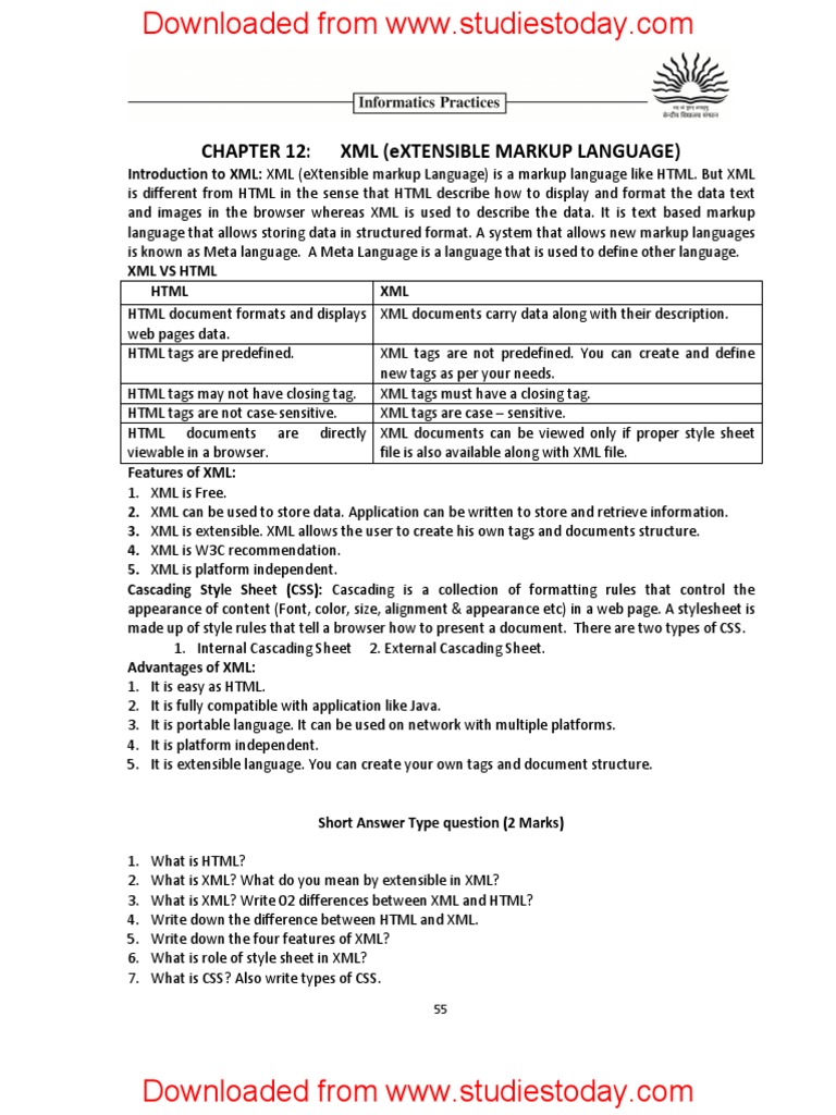 CBSE Class 12 Informatics Practices Computer XML Extensible Markup Language | PDF | Html ...