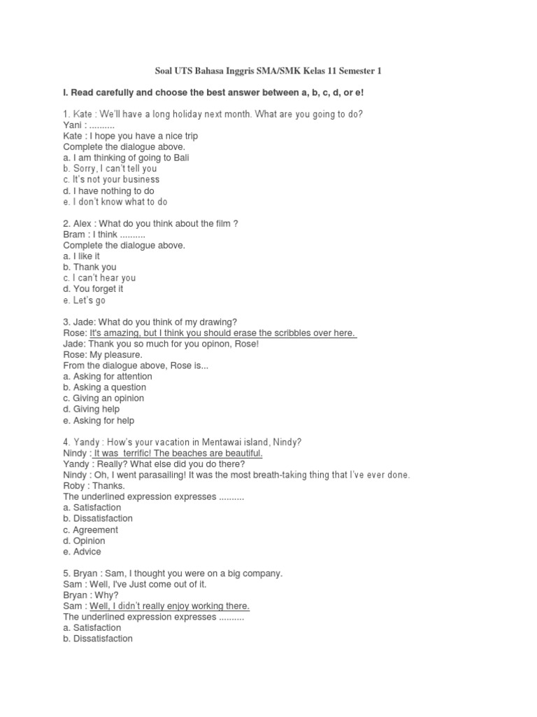 Soal UTS Bahasa Inggris SMA/SMK Kelas 11 Semester 1 I. Read Carefully and Choose The Best Answer ...
