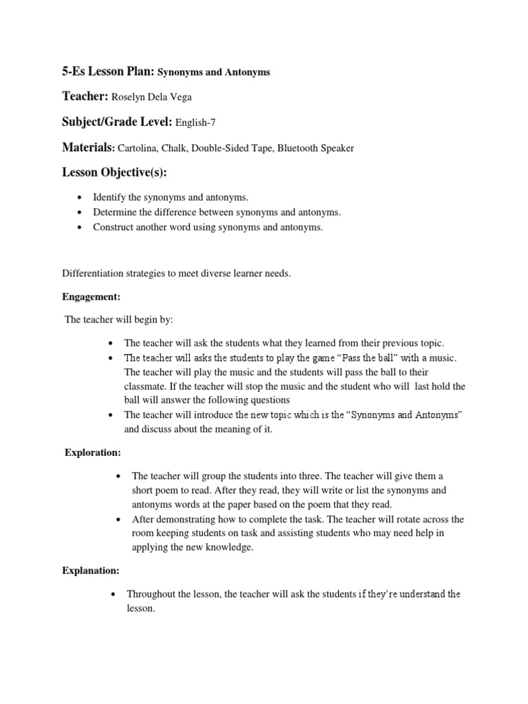 5-Es Lesson Plan: Teacher: Subject/Grade Level: Materials Lesson ...