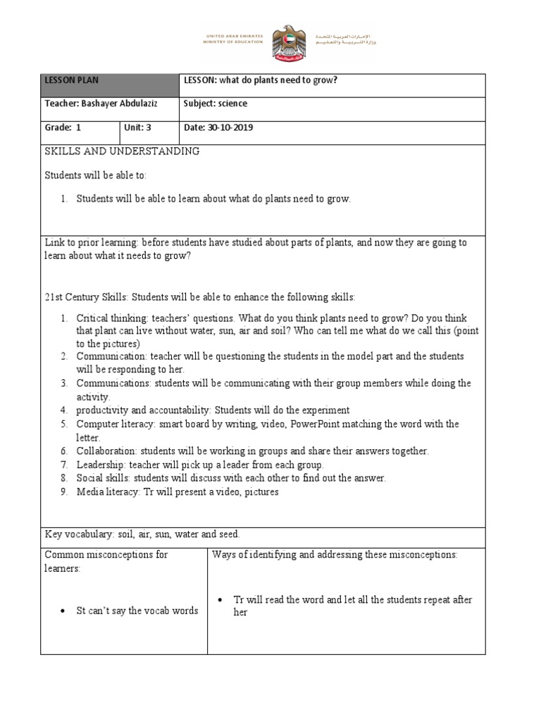 Grade 1 Plants Growth Lesson Plan | PDF | Lesson Plan | Vocabulary