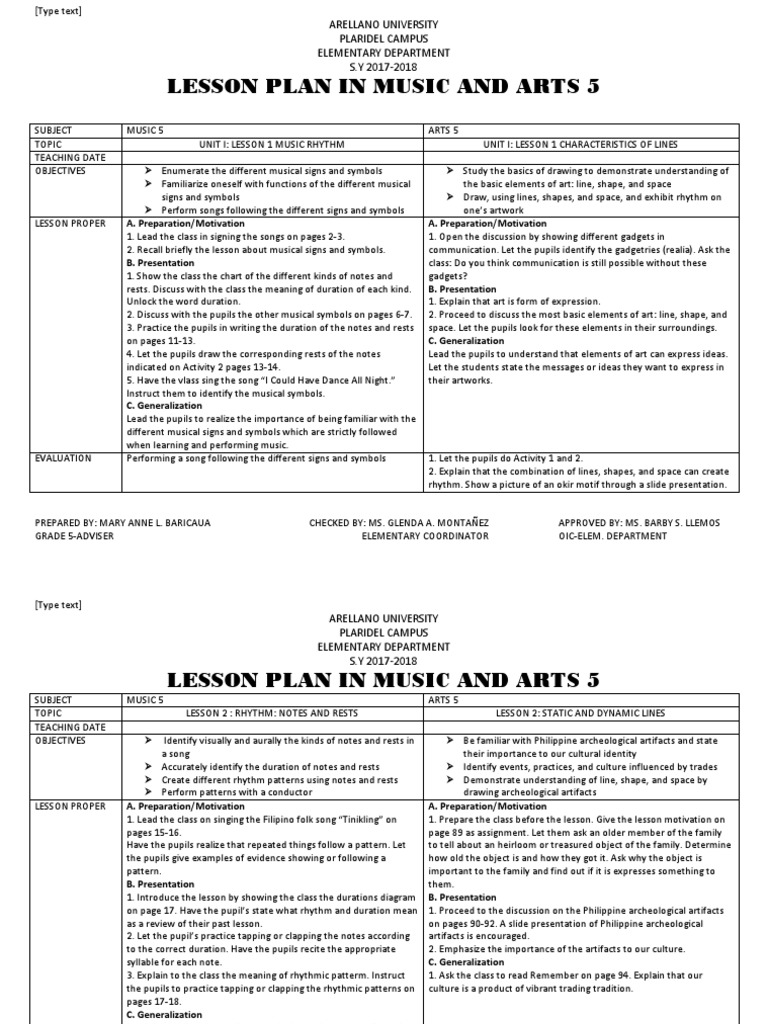 Lesson Plan Mapeh 5 (2017-2018) | PDF | Rhythm | Lesson Plan