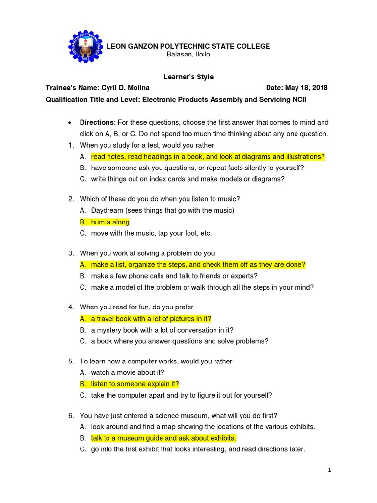 1 Leaner's Style + Bryan Gubat | PDF | Cognition | Psychological Concepts
