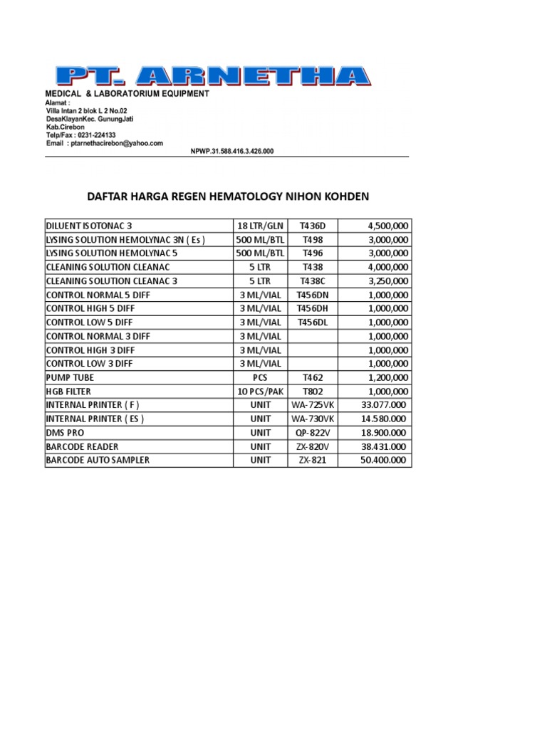 Harga Reagen Hematologi Nihon Kohden | PDF | Technology & Engineering