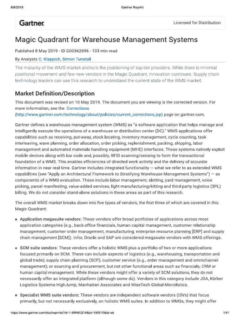 Gartner Magic Quadrant WMS 2019 | PDF