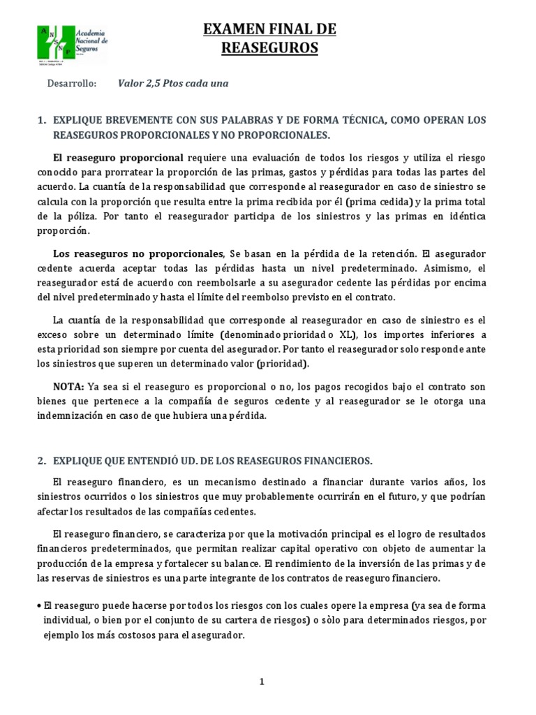 EXAMEN FINAL de REASEGUROS | PDF | Reaseguro | Póliza de seguros