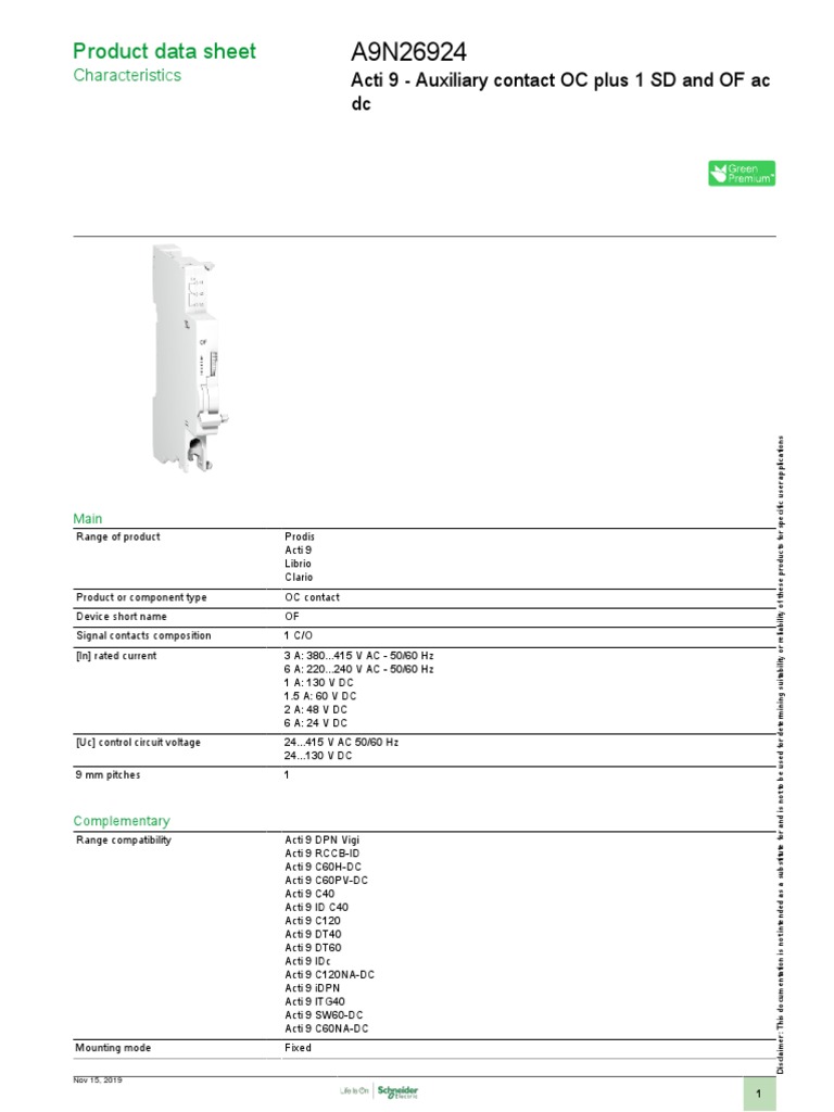 Product Data Sheet: Acti 9 - Auxiliary Contact OC Plus 1 SD and OF Ac ...