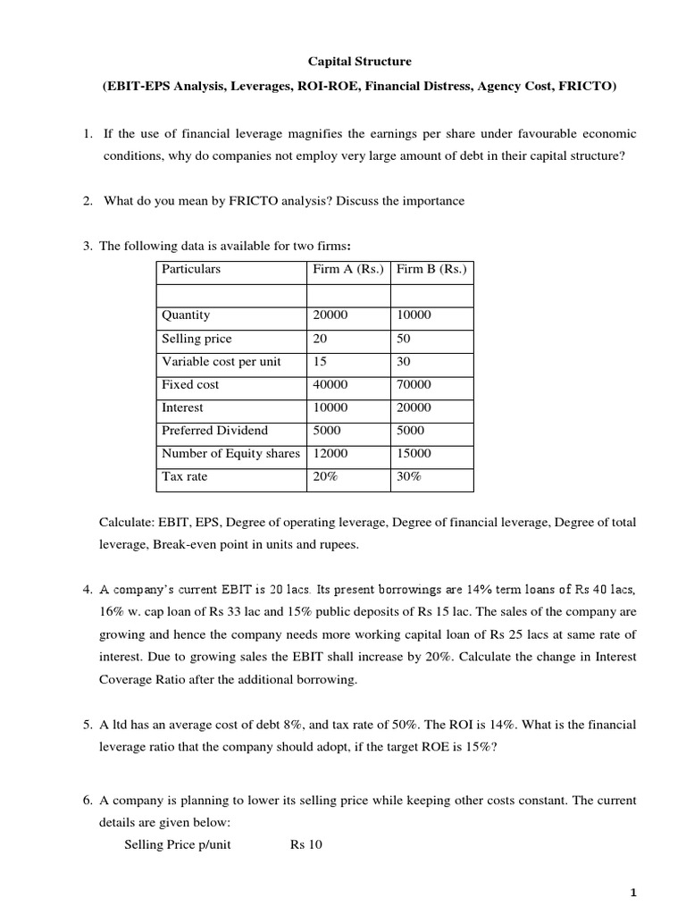 Capital Structure (EBIT-EPS Analysis, Leverages, ROI-ROE, Financial ...