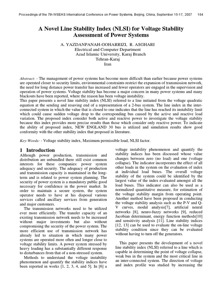 A Novel Line Stability Index (NLSI) For Voltage Stability Assessment of Power Systems | PDF ...
