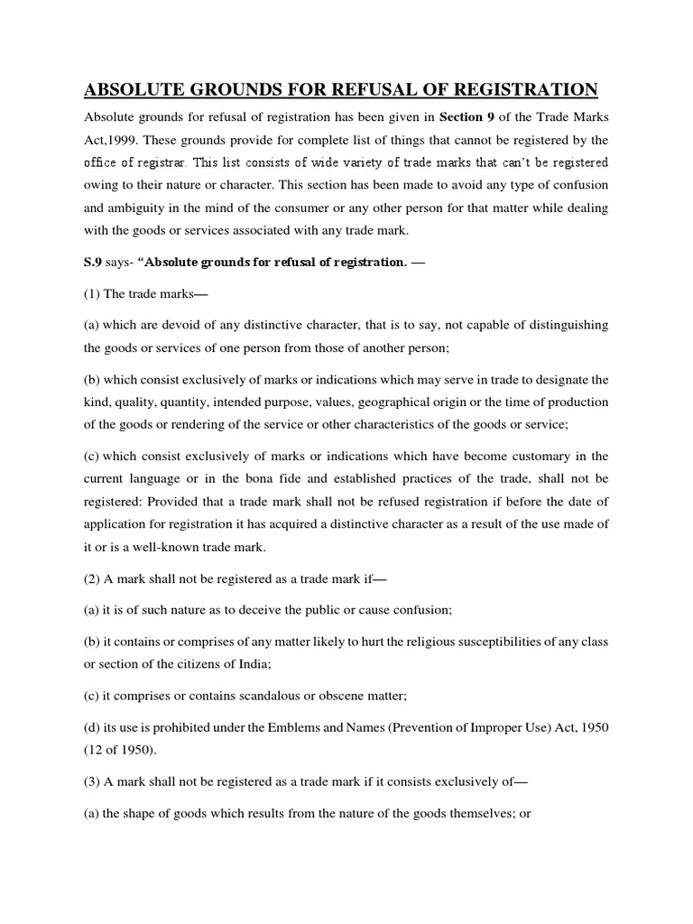 Absolute Grounds for Trademark Refusal | PDF | Trademark ...