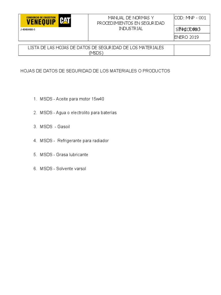 Manual de normas y procedimientos en seguridad industrial MSDS lista | PDF