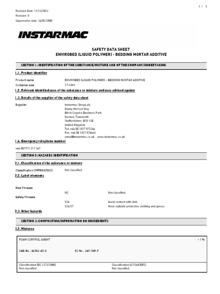 Safety Data Sheet Envirobed (Liquid Polymer) - Bedding Mortar Additive ...