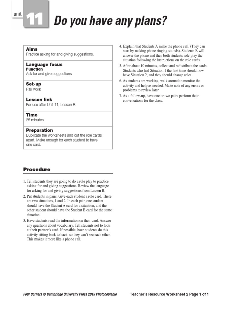 Four Corners Level 2 Unit 11 Do You Have Any Plans Worksheet 2 | PDF ...