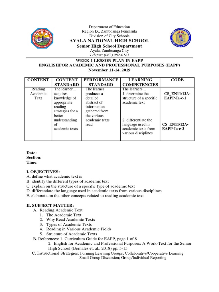 Week 1 Eapp Lessonplan | PDF | Lesson Plan | Learning