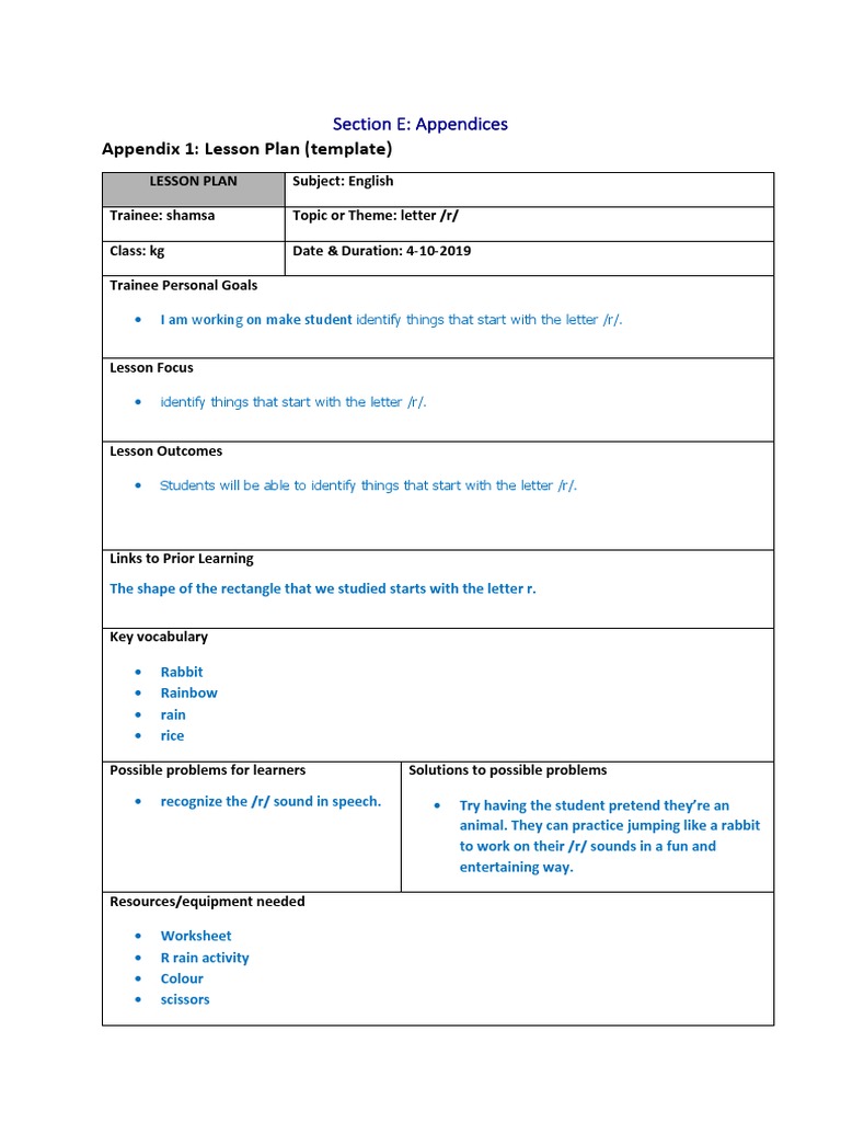 Appendix 1: Lesson Plan (Template) : Section E: Appendices | PDF ...