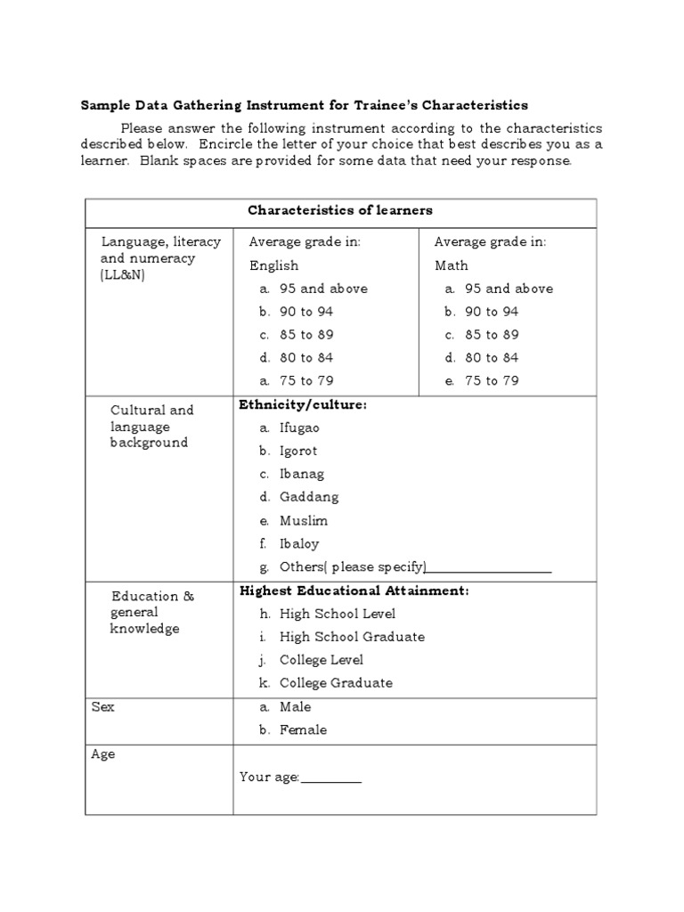 Sample Data Gathering Instrument For Trainee Ok | PDF | Academic Degree ... Sample Data Gathering Instrument For Trainee Ok | PDF | Academic Degree ...