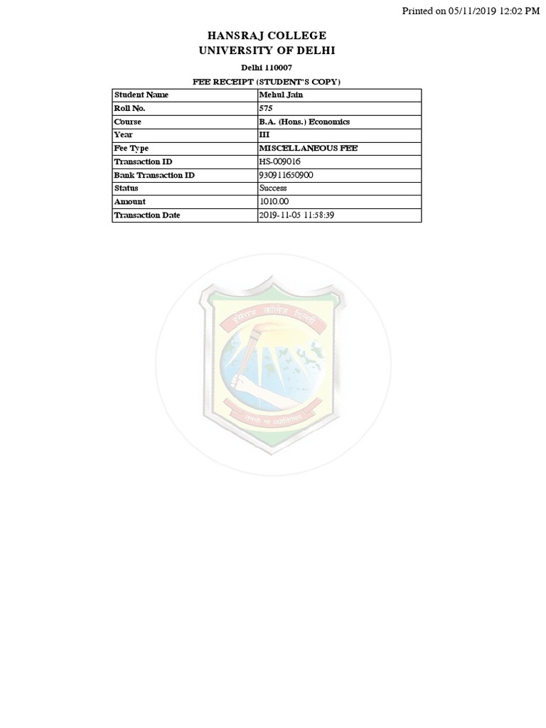 Hansraj College Fee Receipt for BA Hons | PDF