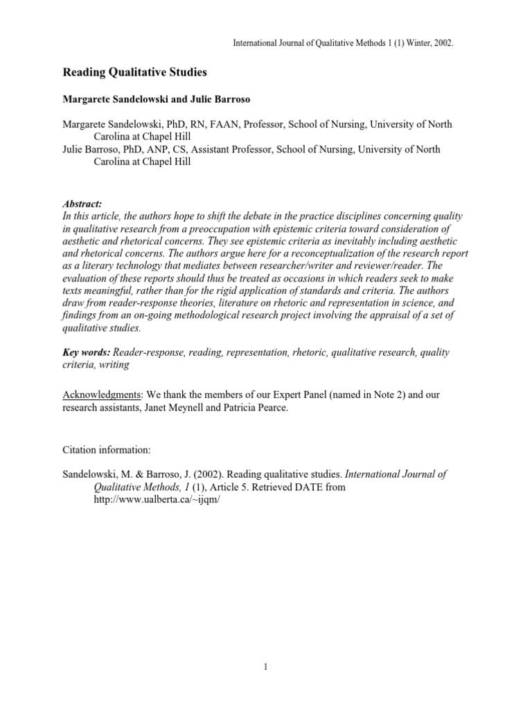 Reading Qualitative Studies Margarete Sandelowski and Julie Barroso ...
