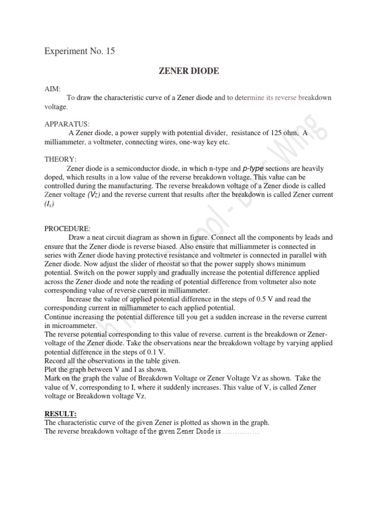 Experiment No. 15: Zener Diode | PDF | Diode | P–N Junction