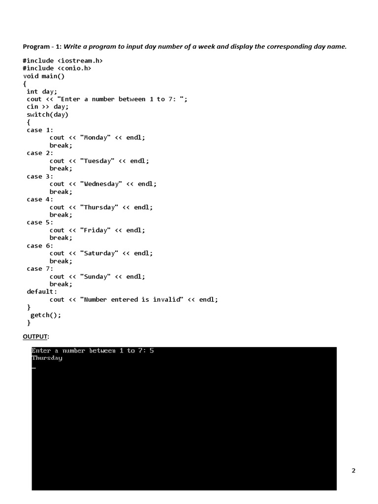 Program - 1: Write A Program To Input Day Number of A Week and Display ...