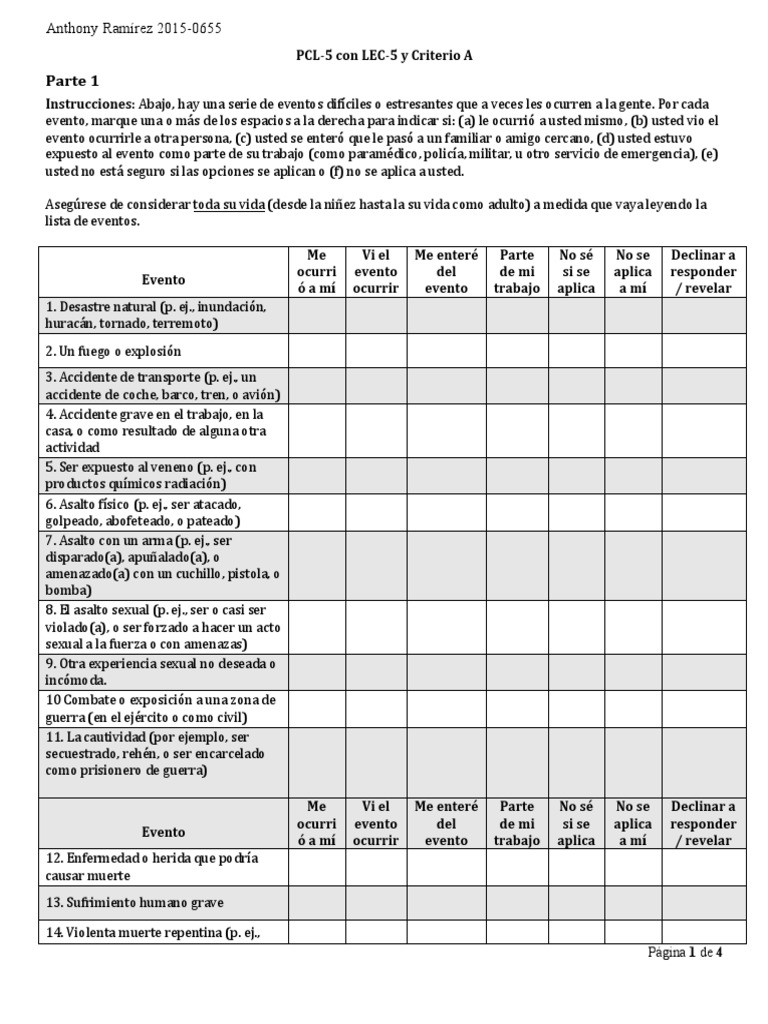 PTSD Checlist For DMS-5 With Life Events Checklist For DSM-5 and ...